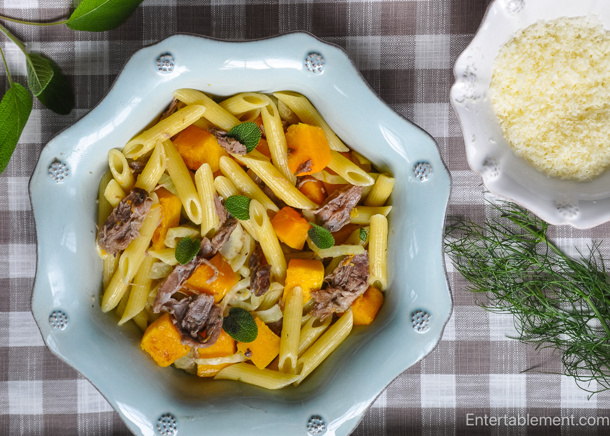 Penne with Duck Confit, Butternut Squash, Fennel, and Sage - Entertablement